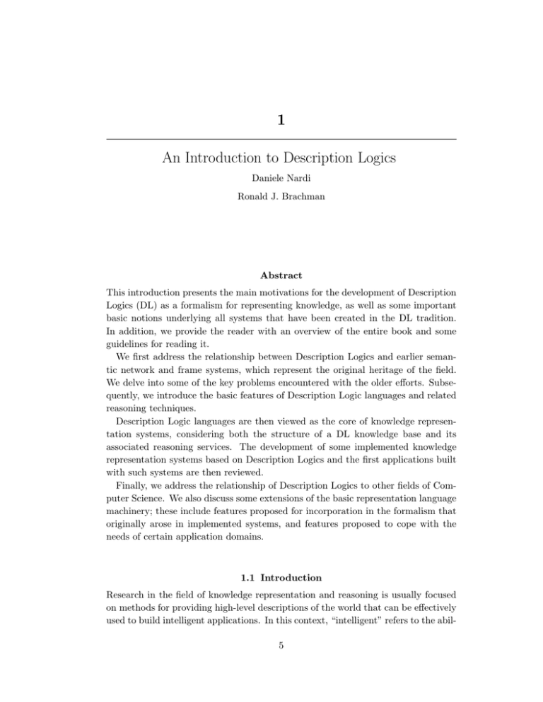 1 An Introduction To Description Logics 1 An Introduction To Description Logics