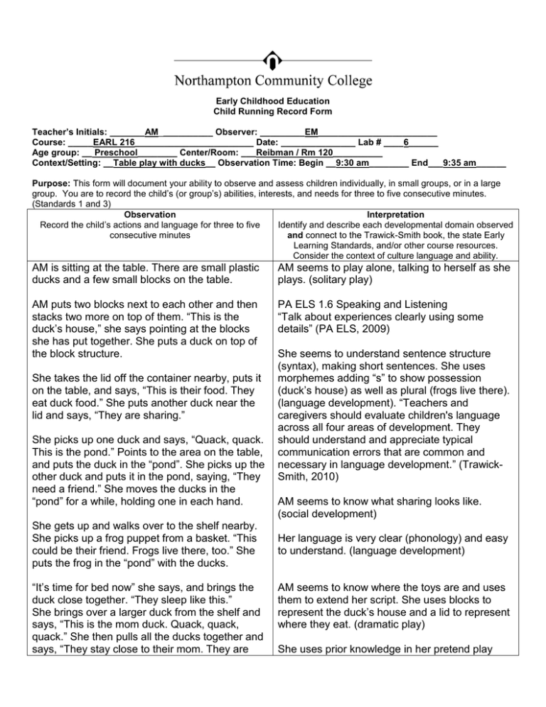 Child Running Record Preschool Duck Play Observation