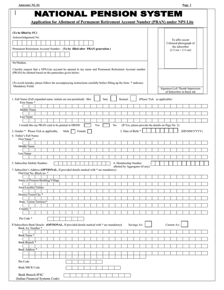Application For Allotment Of Permanent Retirement Account Number PRAN Application For Allotment Of Permanent Retirement Account Number PRAN