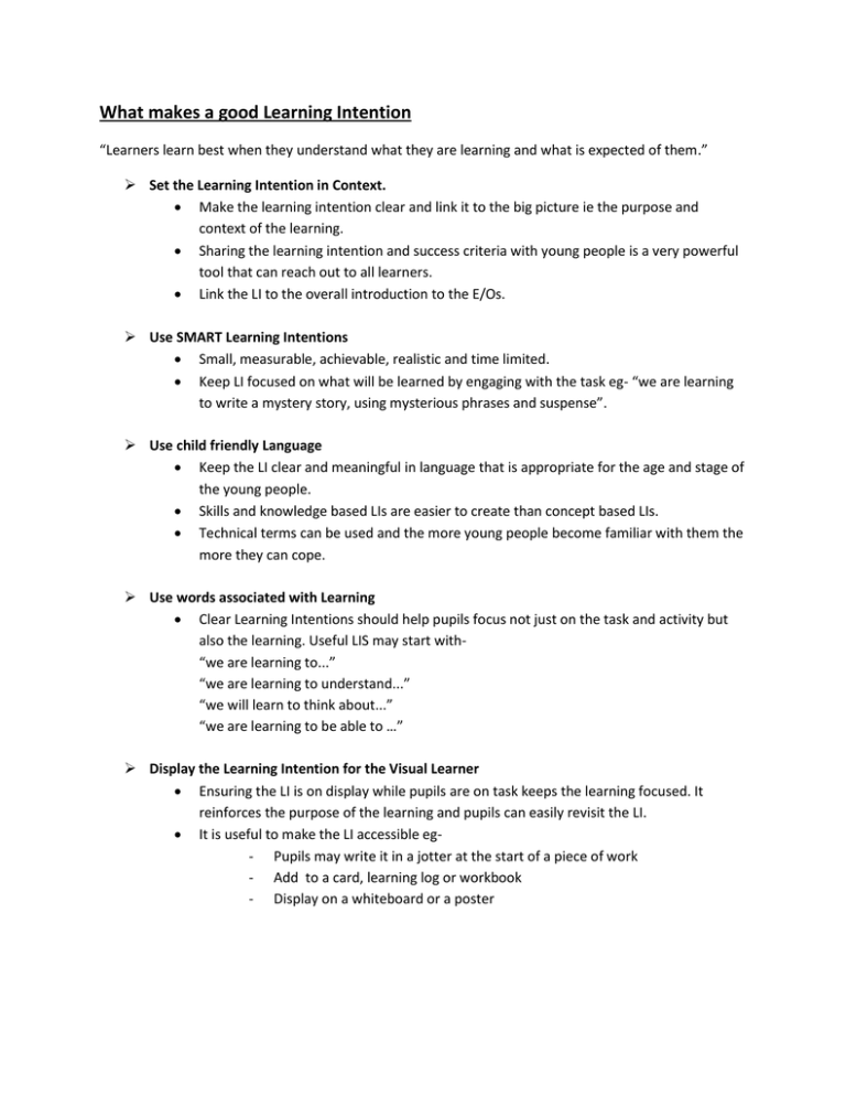 What Makes A Good Learning Intention
