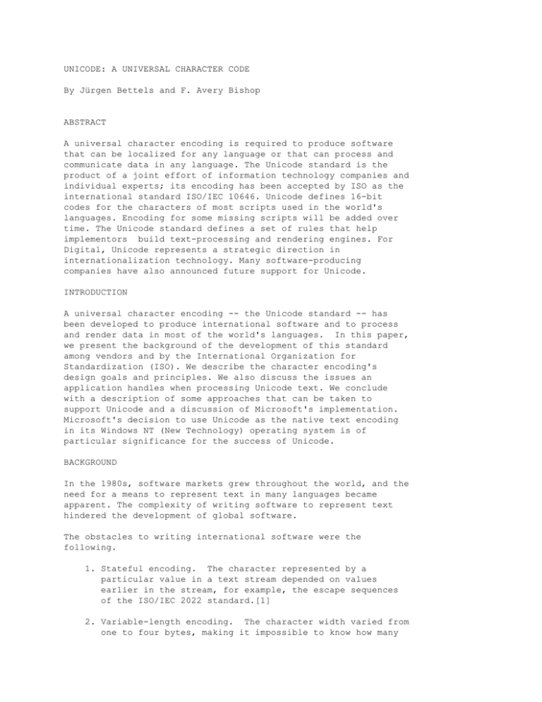 UNICODE A UNIVERSAL CHARACTER CODE ABSTRACT