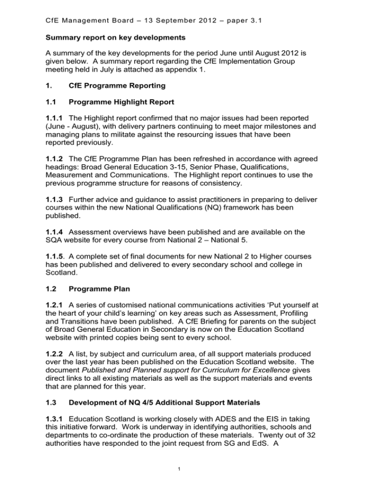 Summary Report On Key Developments