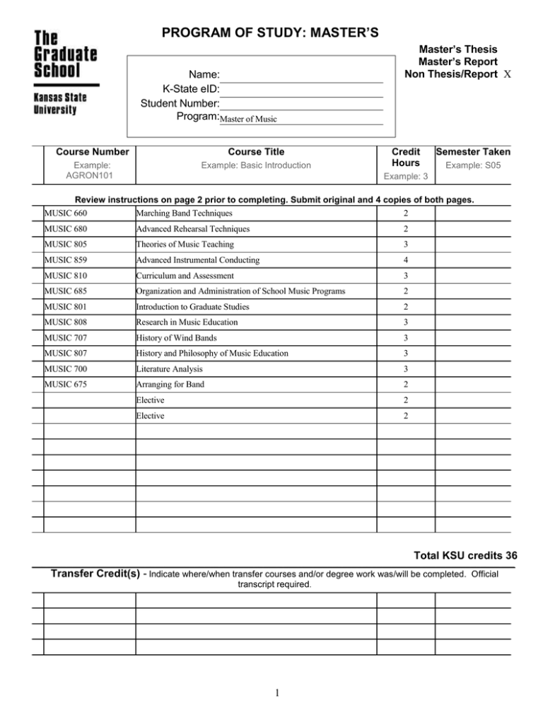 PROGRAM OF STUDY MASTER S Course Number Course Title PROGRAM OF STUDY MASTER S Course Number Course Title