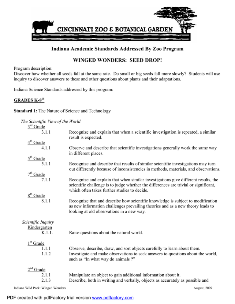 Indiana Academic Standards Addressed By Zoo Program Indiana Academic Standards Addressed By Zoo Program