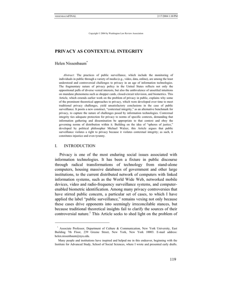 PRIVACY AS CONTEXTUAL INTEGRITY Helen Nissenbaum