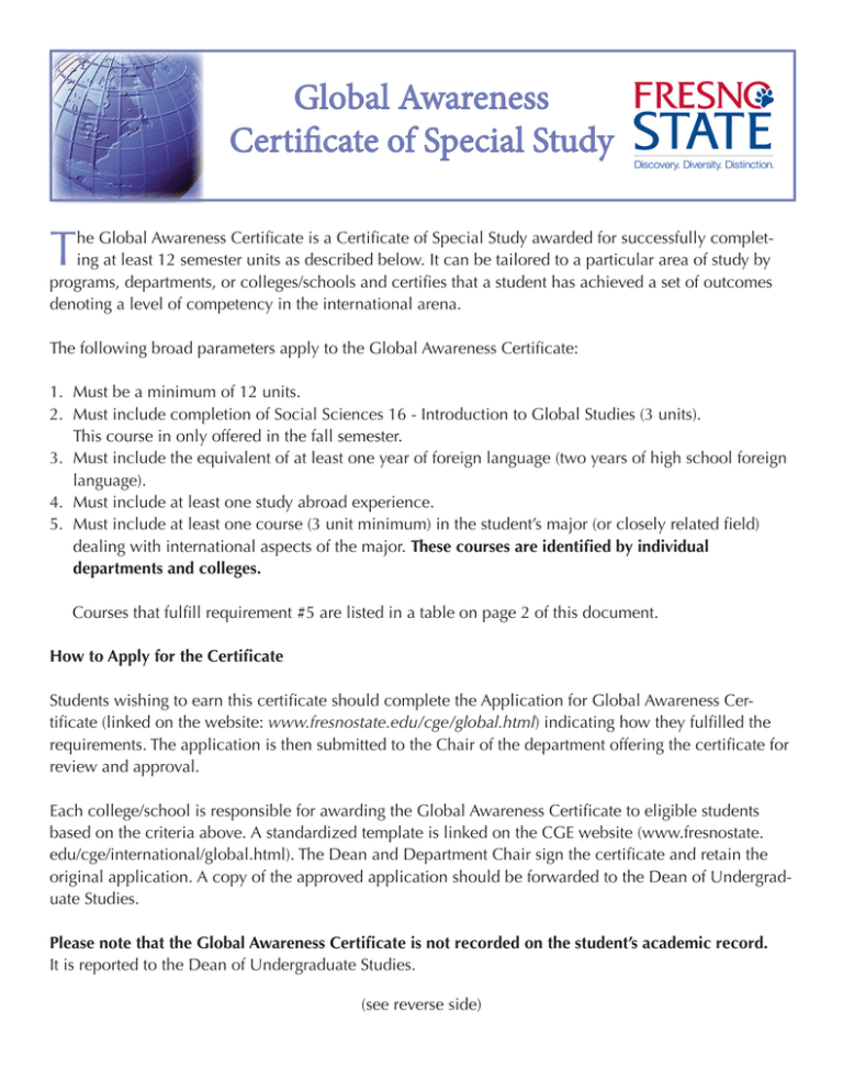 T Global Awareness Certificate of Special Study