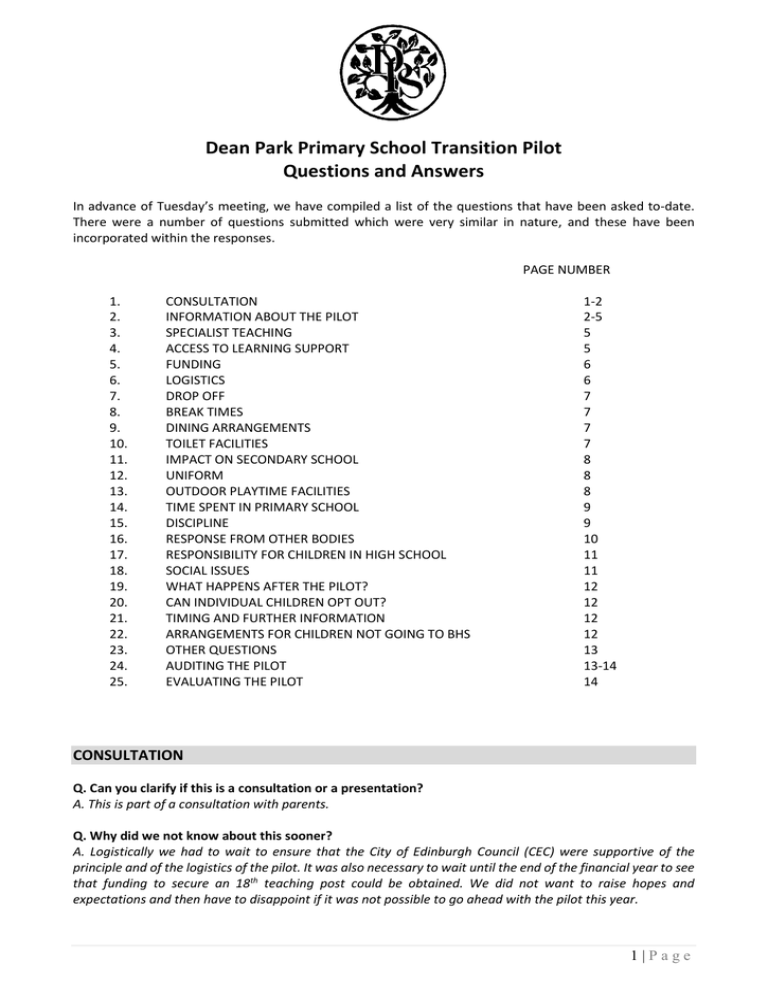 Dean Park Primary School Transition Pilot Questions and Answers