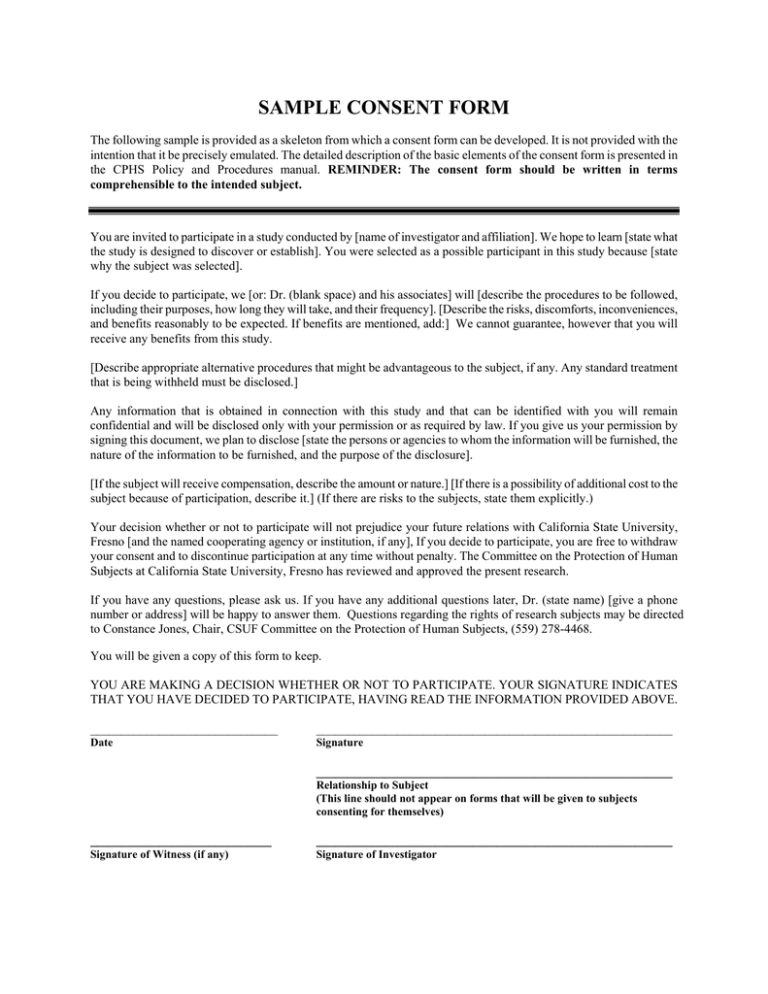 SAMPLE CONSENT FORM SAMPLE CONSENT FORM