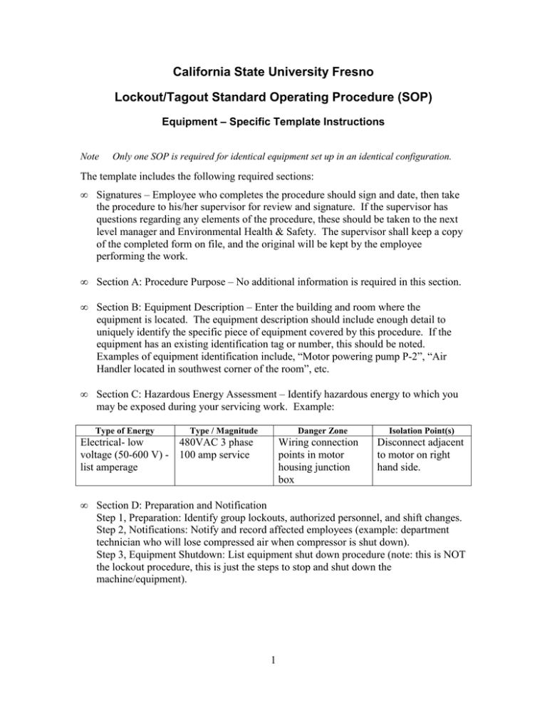California State University Fresno Lockout Tagout Standard Operating 