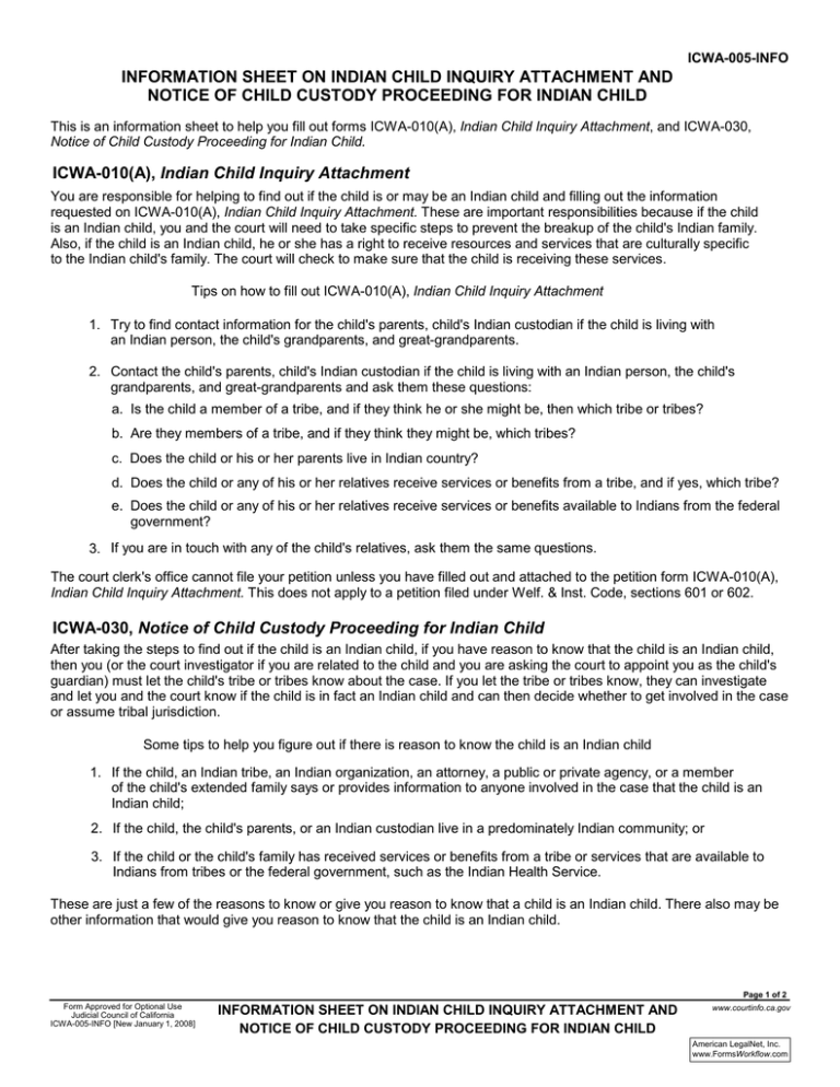 INFORMATION SHEET ON INDIAN CHILD INQUIRY ATTACHMENT AND