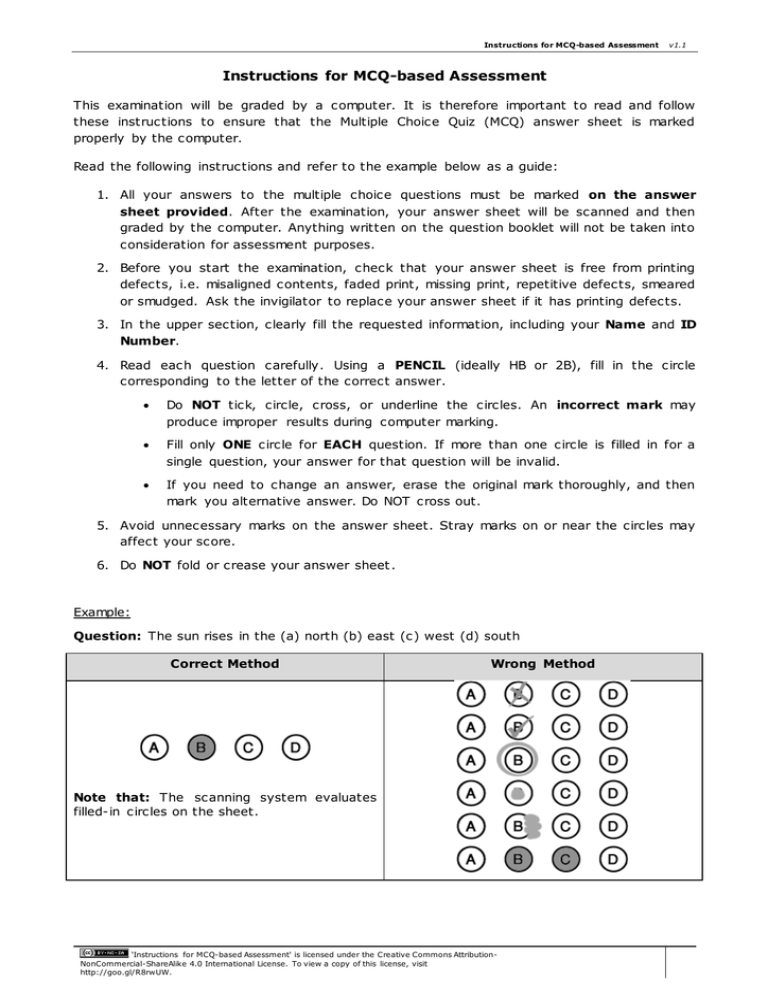Instructions For MCQ based Assessment