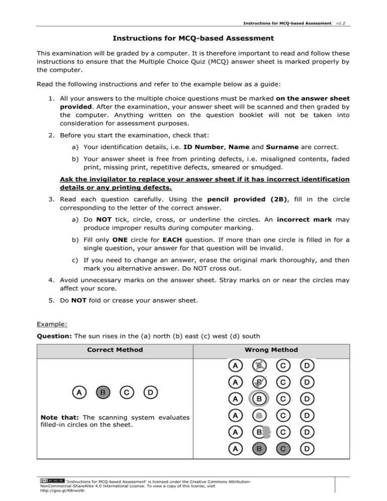 Instructions For MCQ based Assessment