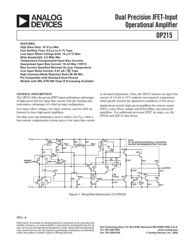 a Dual Precision JFET-Input Operational Amplifier OP215 a Dual Precision JFET-Input Operational Amplifier OP215