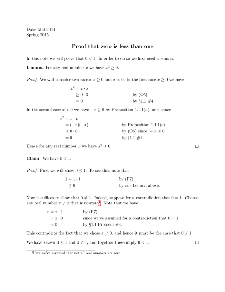 Proof That Zero Is Less Than One Proof That Zero Is Less Than One