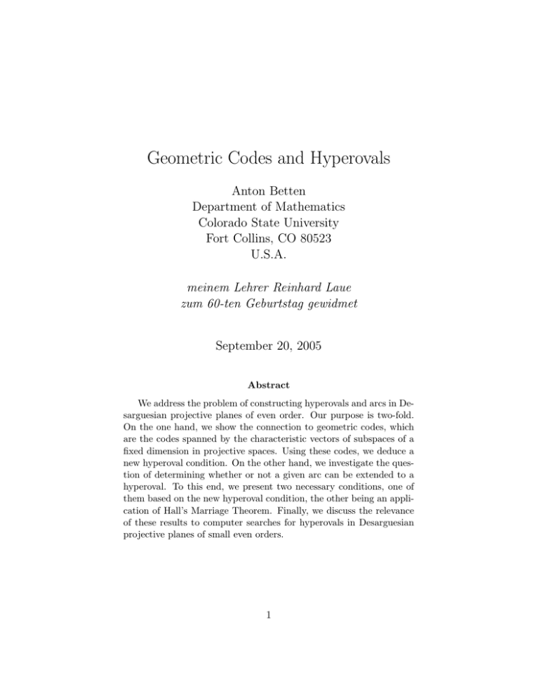 Geometric Codes and Hyperovals