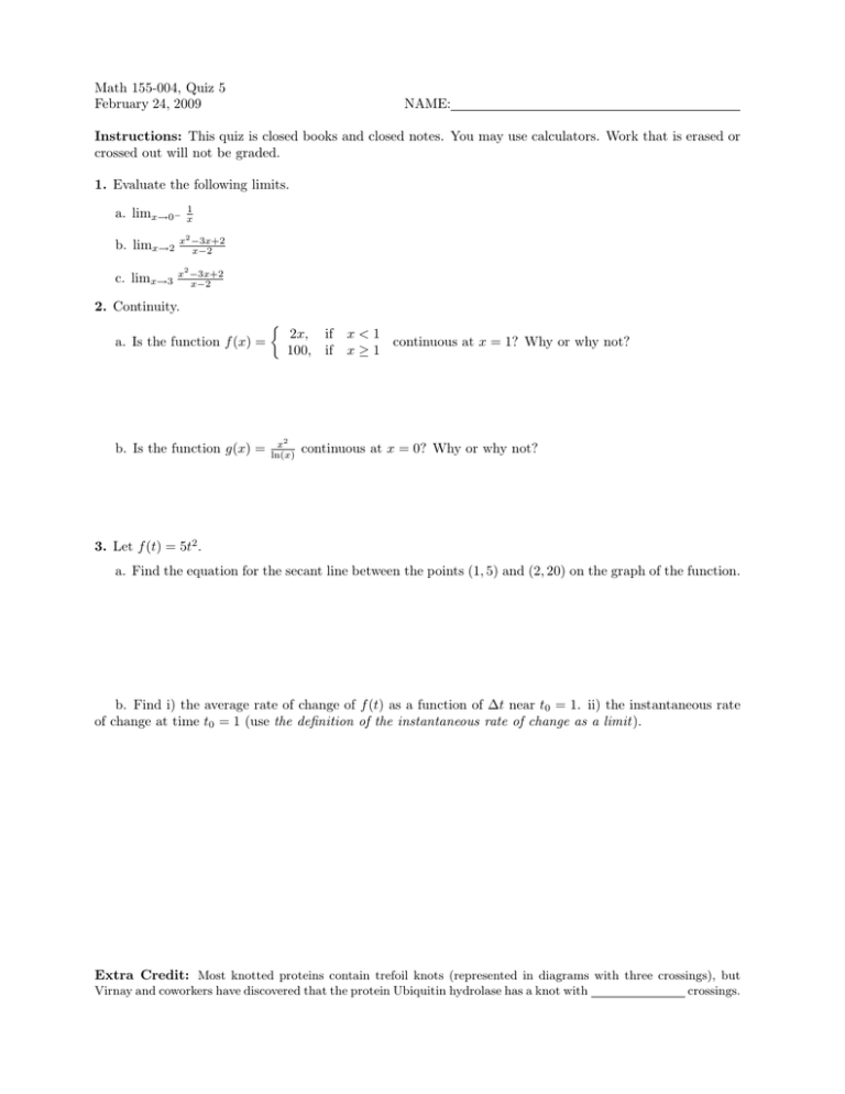 Math 155 004 Quiz 5 February 24 2009 NAME 