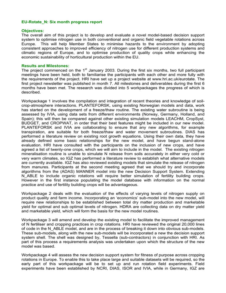 EU Rotate N Six Month Progress Report Objectives 