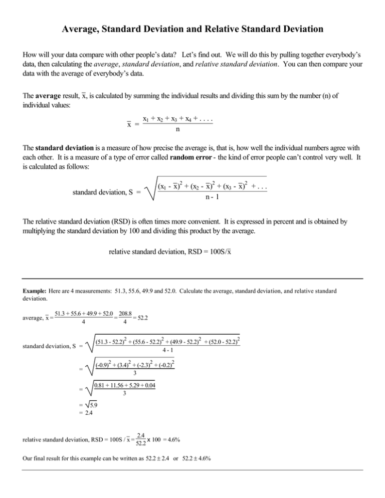Average Standard Deviation And Relative Standard Deviation