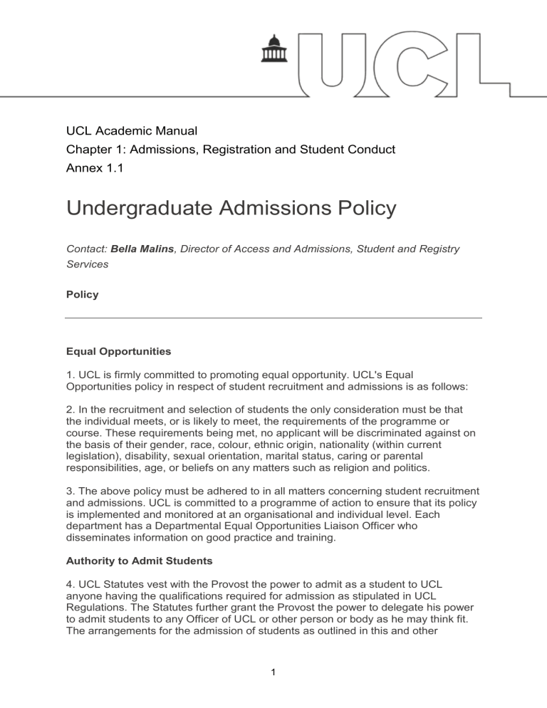 Undergraduate Admissions Policy UCL Academic Manual Undergraduate Admissions Policy UCL Academic Manual