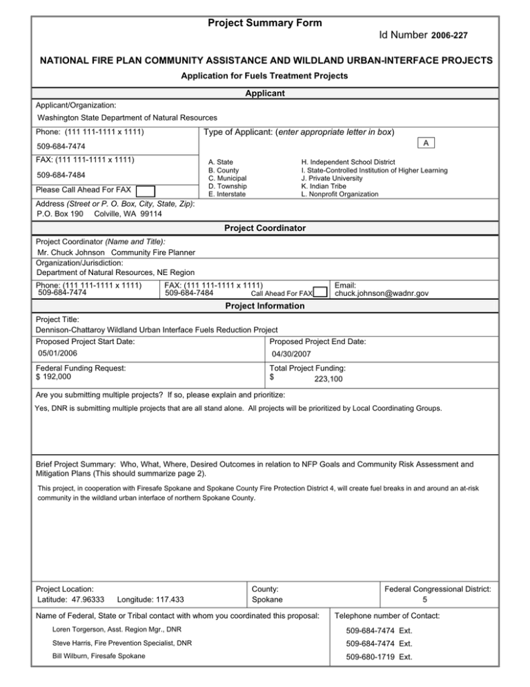 Project Summary Form Id Number 2006 227