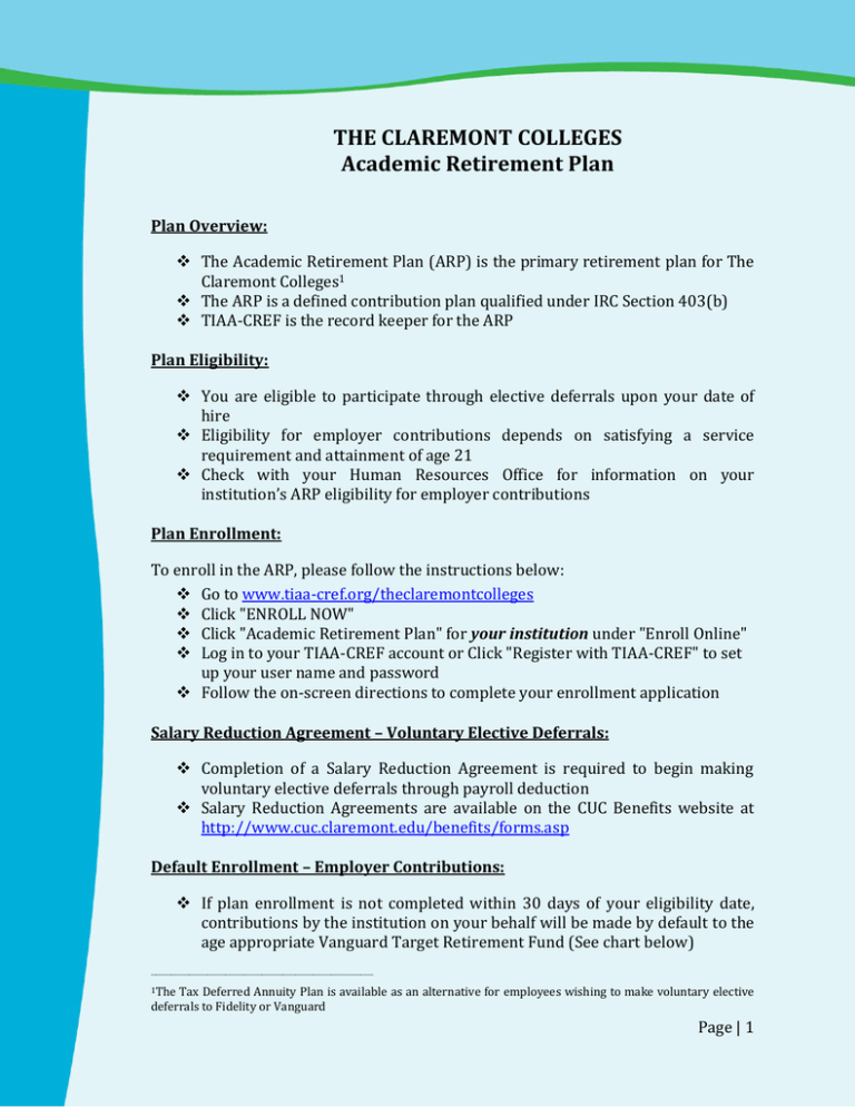 THE CLAREMONT COLLEGES Academic Retirement Plan