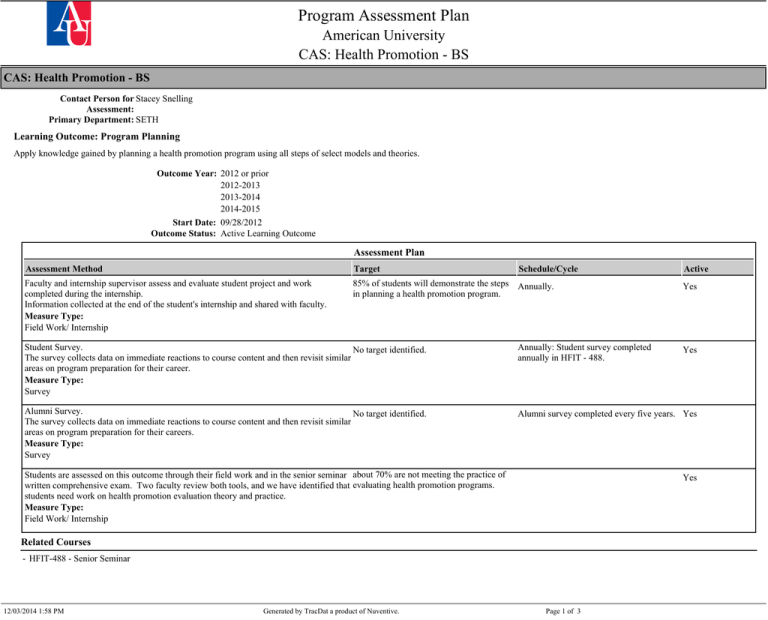 Program Assessment Plan American University CAS: Health Promotion - BS