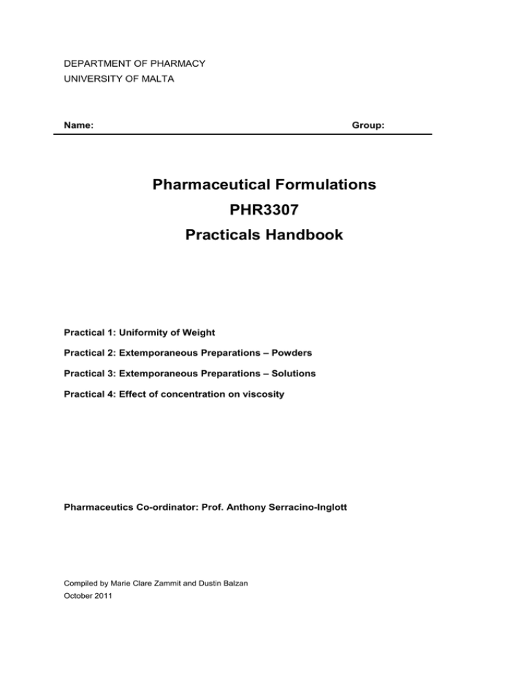 Pharmaceutical Formulations PHR3307 Practicals Handbook