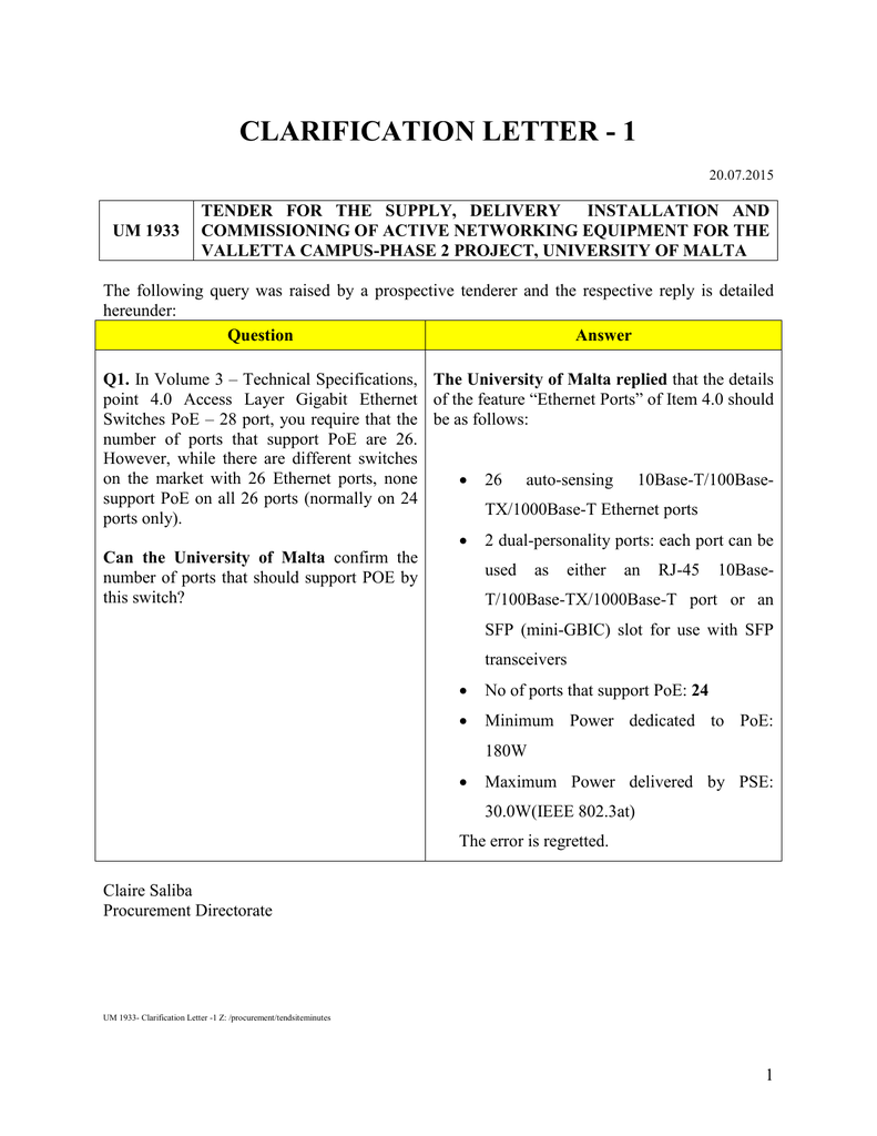 CLARIFICATION LETTER 1