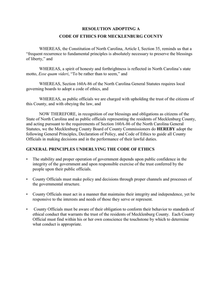 RESOLUTION ADOPTING A CODE OF ETHICS FOR MECKLENBURG COUNTY