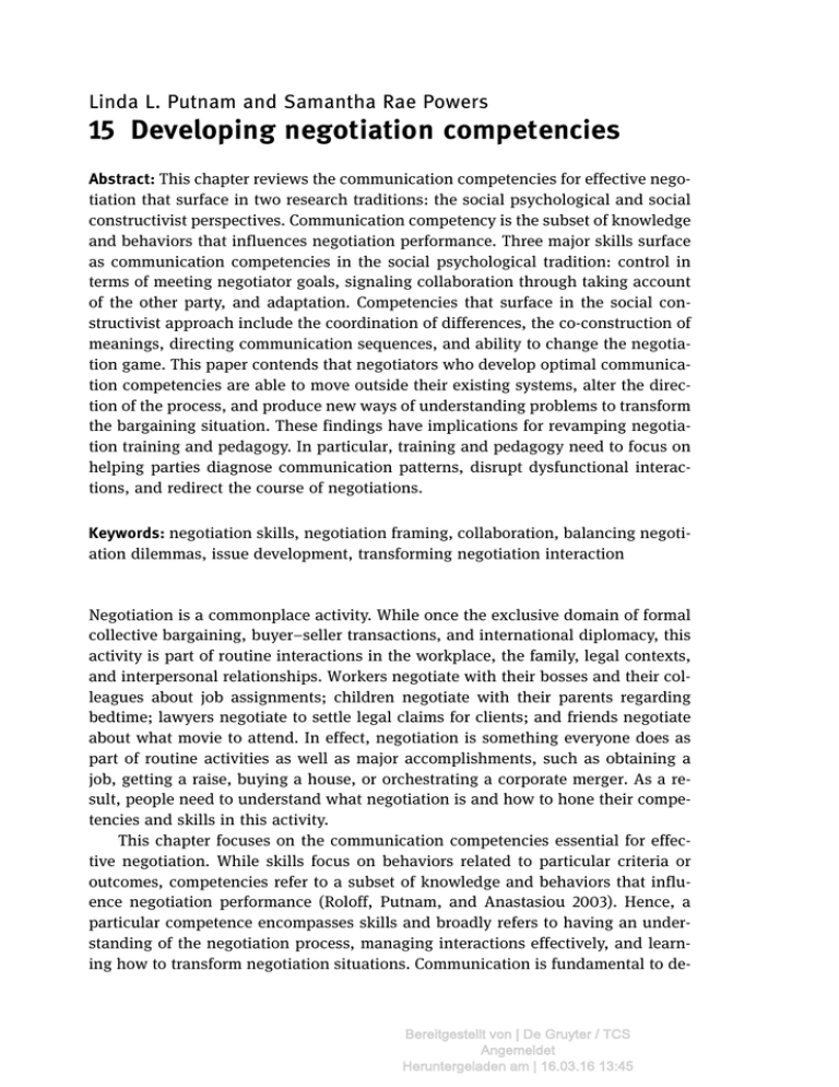 15 Developing negotiation competencies Linda L. Putnam and Samantha Rae ...
