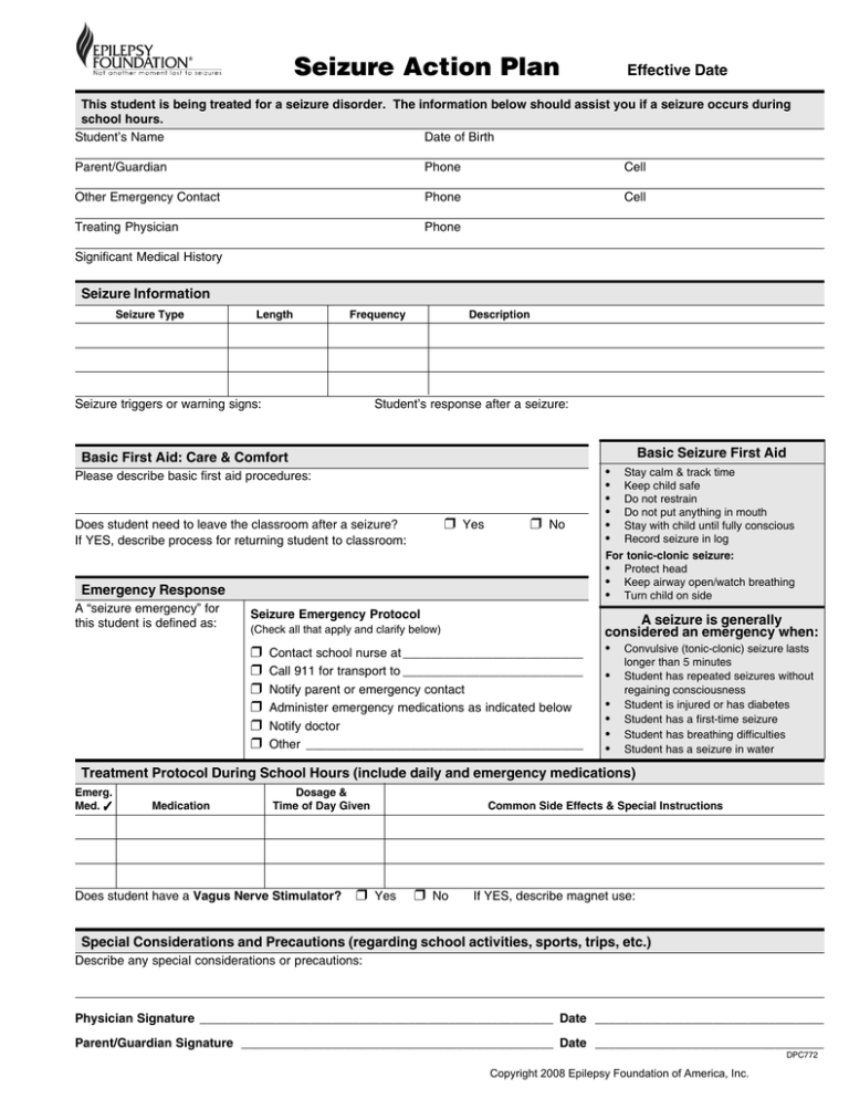 Seizure Action Plan Effective Date