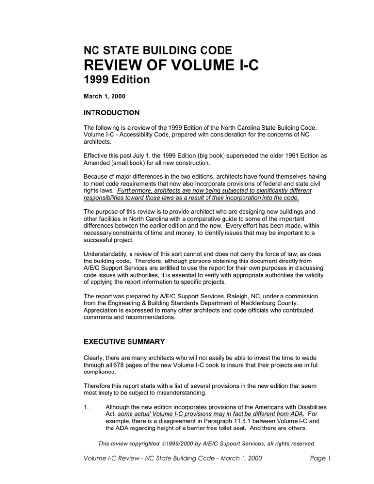 REVIEW OF VOLUME I C NC STATE BUILDING CODE 1999 Edition