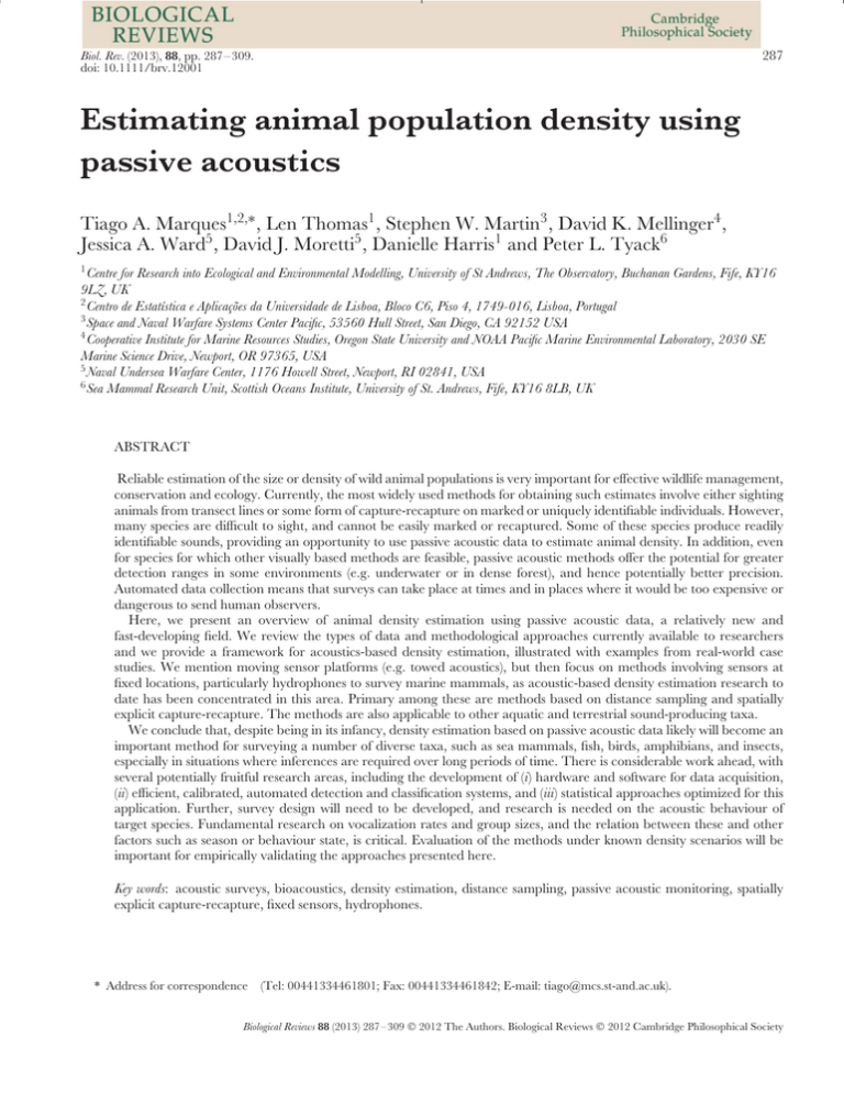 Estimating animal population density using passive acoustics