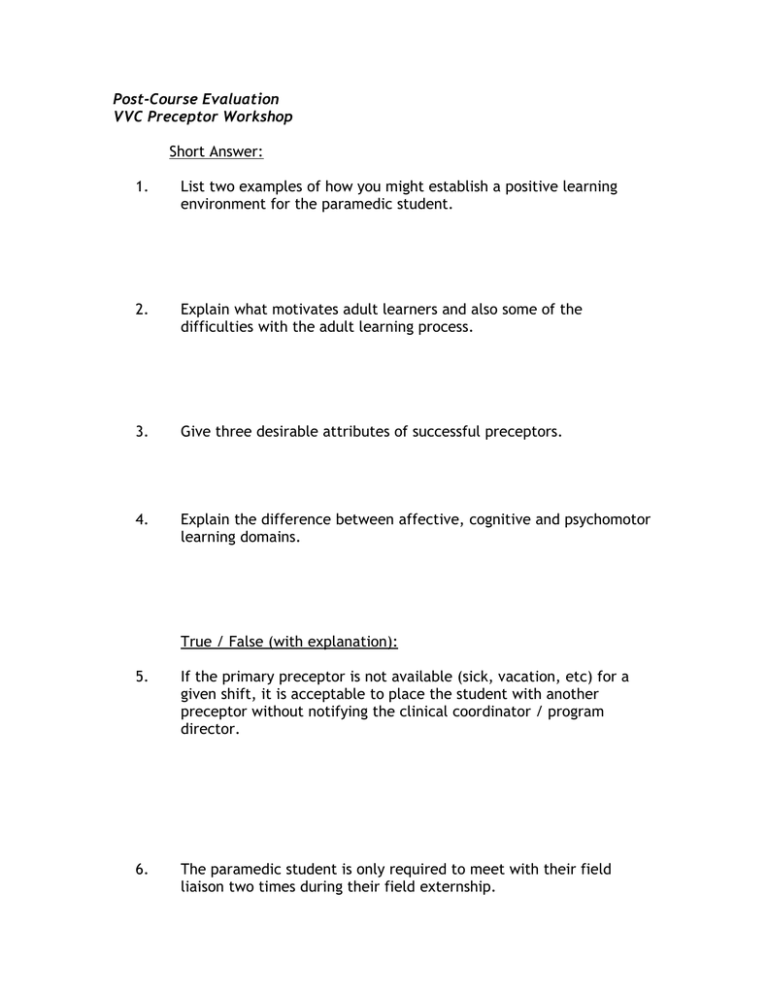 Post Course Evaluation VVC Preceptor Workshop Short Answer 1 