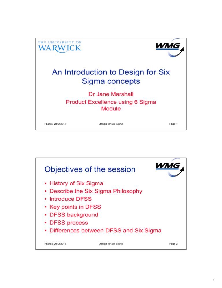 An Introduction to Design for Six Sigma concepts Objectives of the session