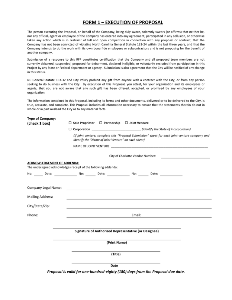 FORM 1 – EXECUTION OF PROPOSAL