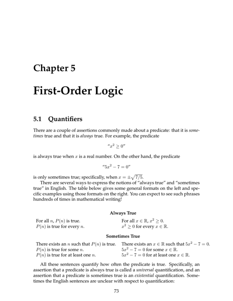 First Order Logic Chapter 5 5 1 Quanti ers