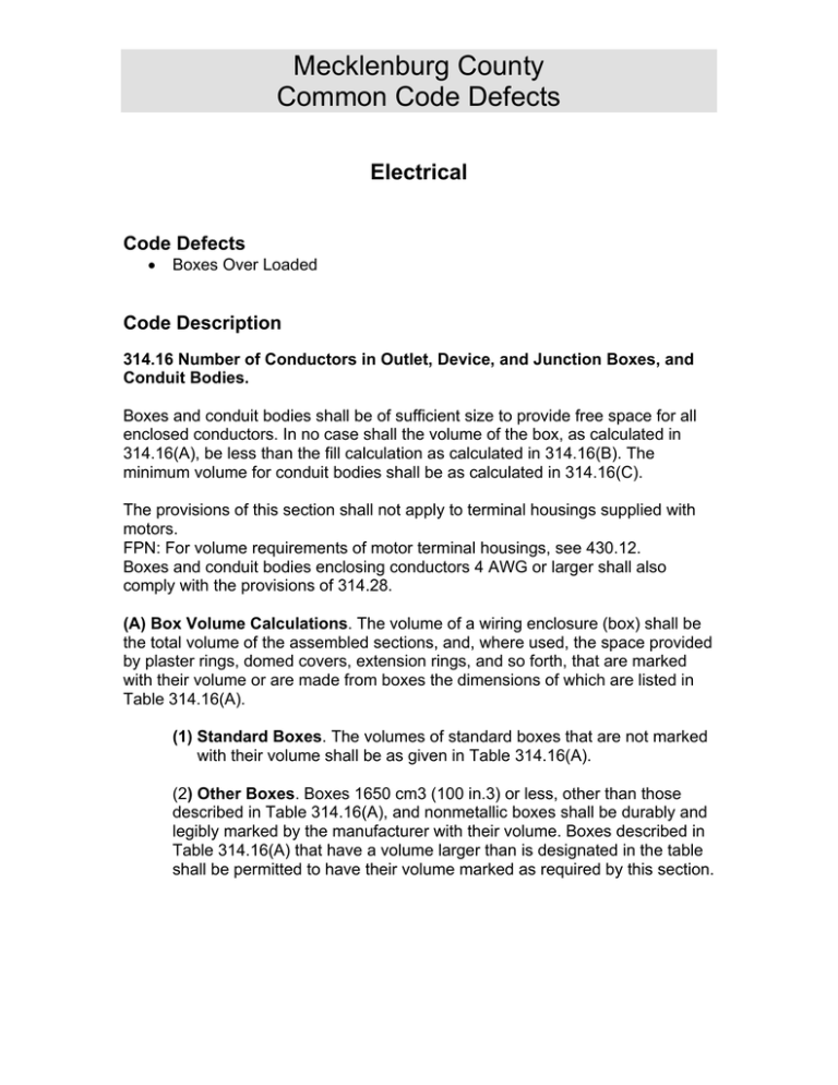 Mecklenburg County Common Code Defects Electrical Code Defects