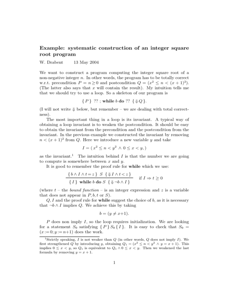 Example Systematic Construction Of An Integer Square Root Program
