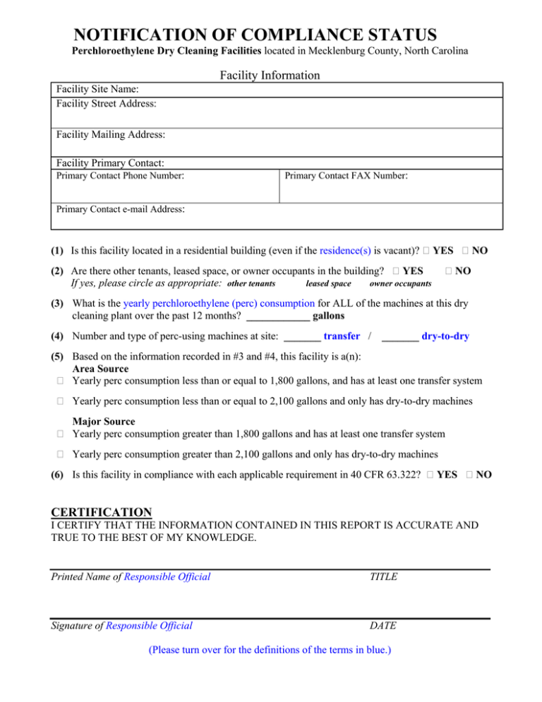 NOTIFICATION OF COMPLIANCE STATUS Facility Information NOTIFICATION OF COMPLIANCE STATUS Facility Information