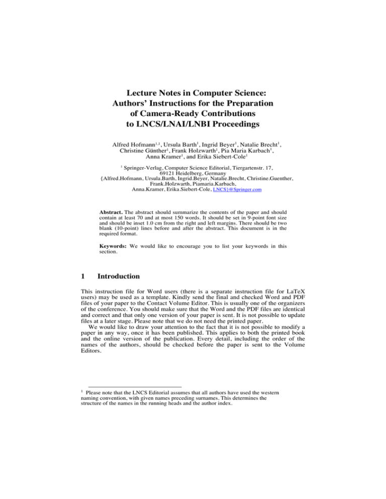 Lecture Notes In Computer Science Authors Instructions For The
