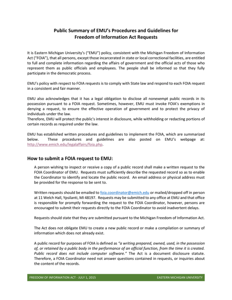 Public Summary of EMU’s Procedures and Guidelines for