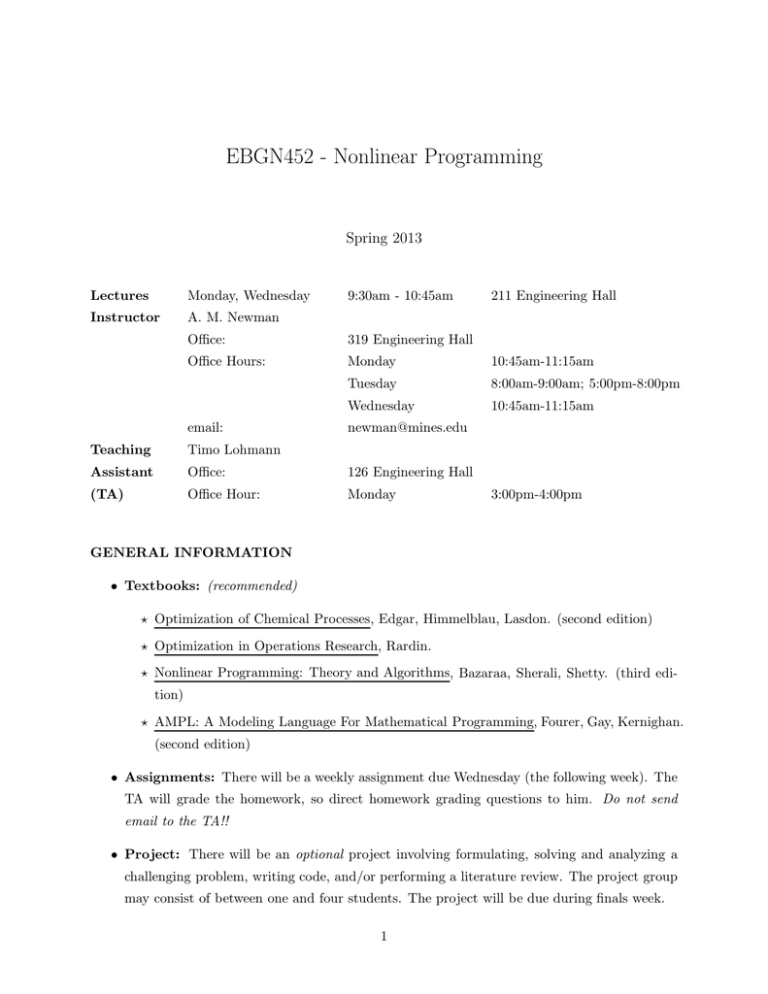 EBGN452 Nonlinear Programming Spring 2013