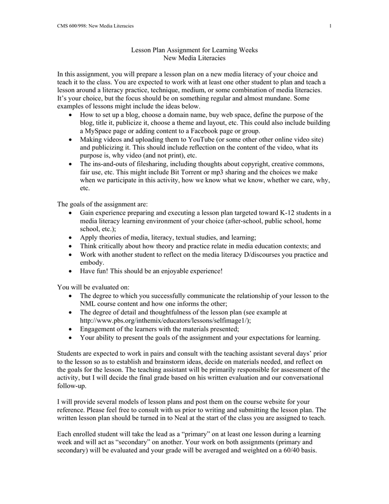 Lesson Plan Assignment For Learning Weeks New Media Literacies