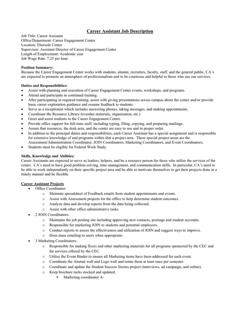 Career Assistant Job Description Career Assistant Job Description