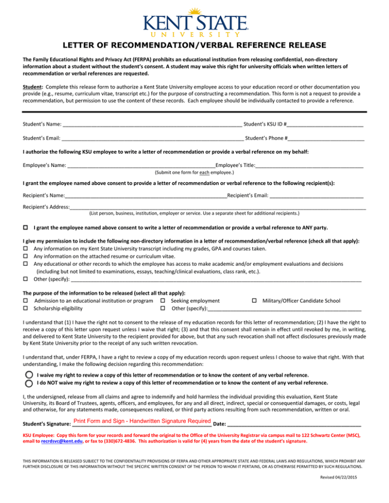 LETTER OF RECOMMENDATION VERBAL REFERENCE RELEASE