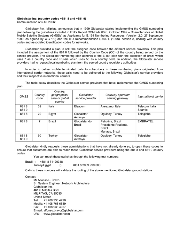 Globalstar Inc country Codes 881 8 And 881 9 