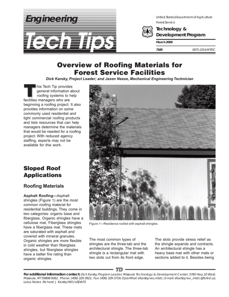 T Engineering Overview Of Roofing Materials For Forest Service Facilities