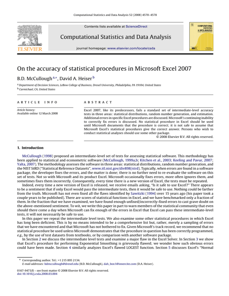 Computational Statistics And Data Analysis