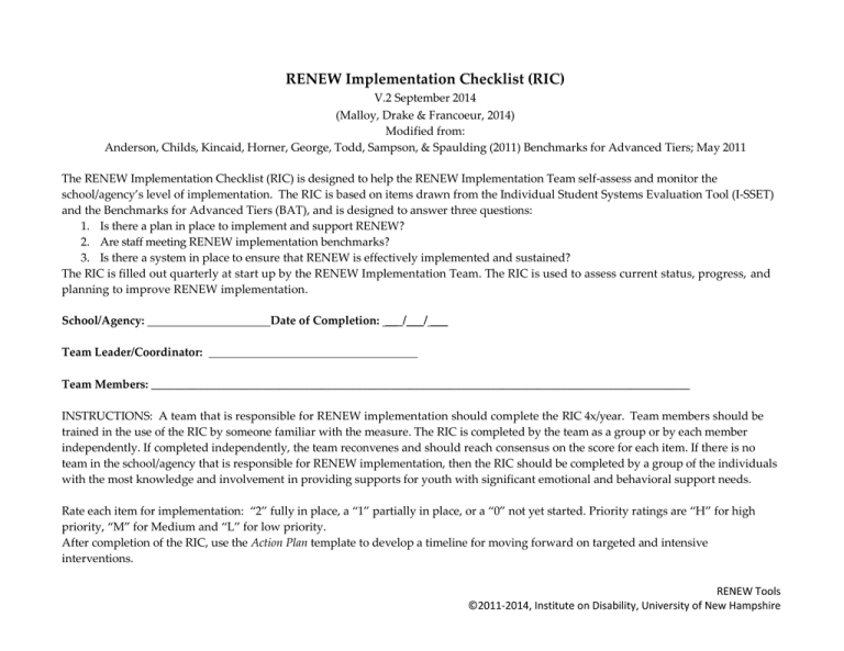 RENEW Implementation Checklist (RIC)